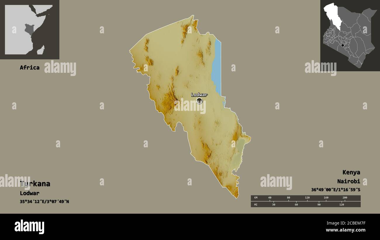 Shape of Turkana, county of Kenya, and its capital. Distance scale ...