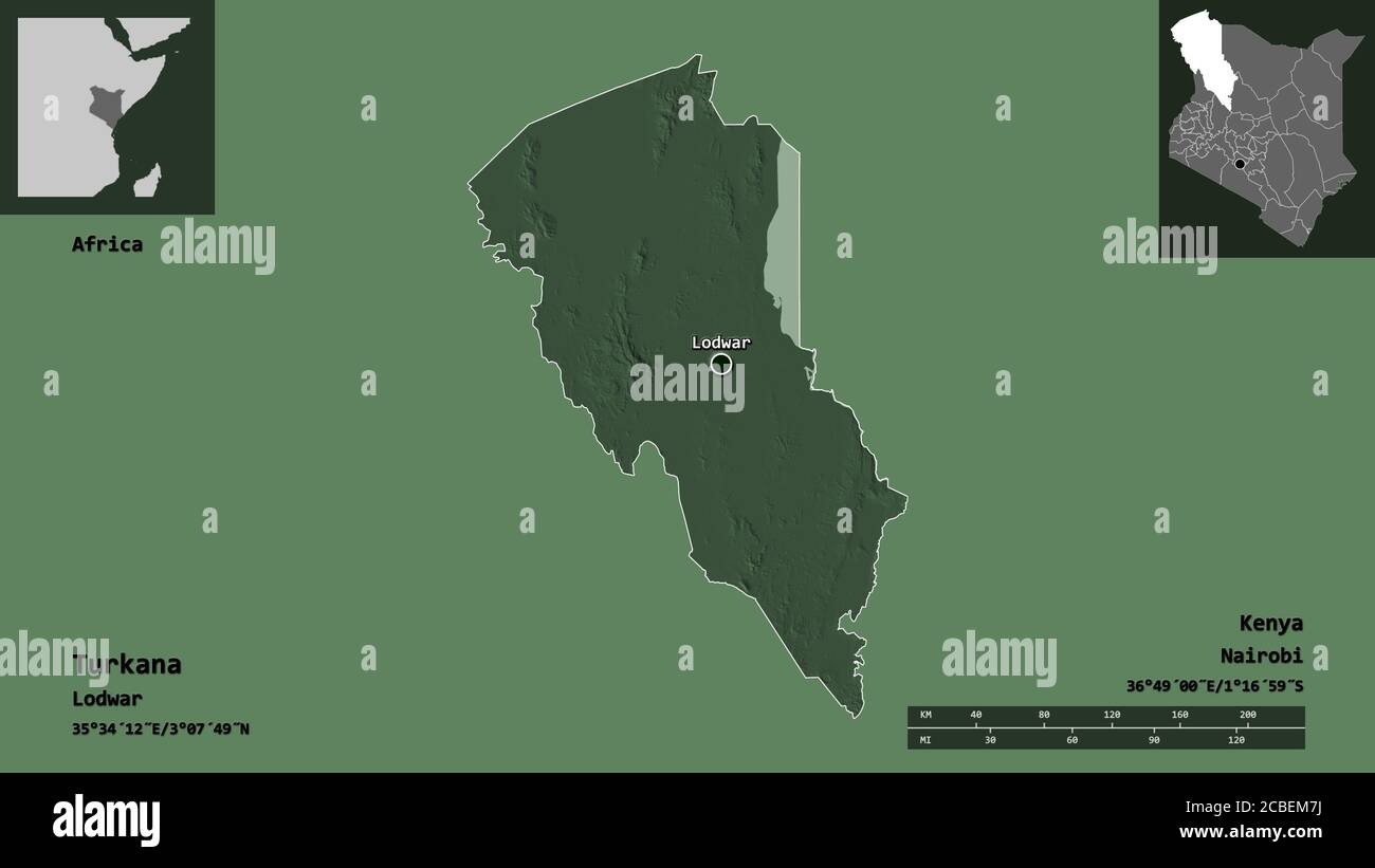 Shape of Turkana, county of Kenya, and its capital. Distance scale ...