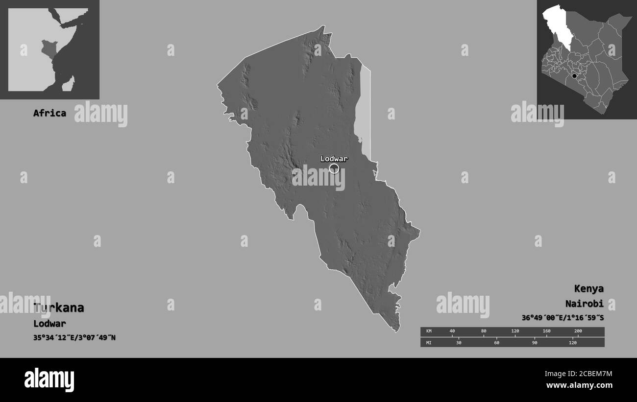 Shape of Turkana, county of Kenya, and its capital. Distance scale ...
