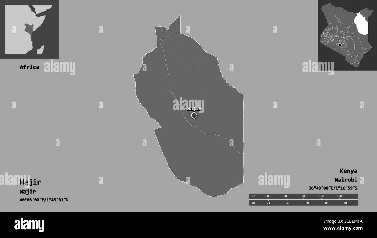 Shape of Wajir, county of Kenya, and its capital. Distance scale ...