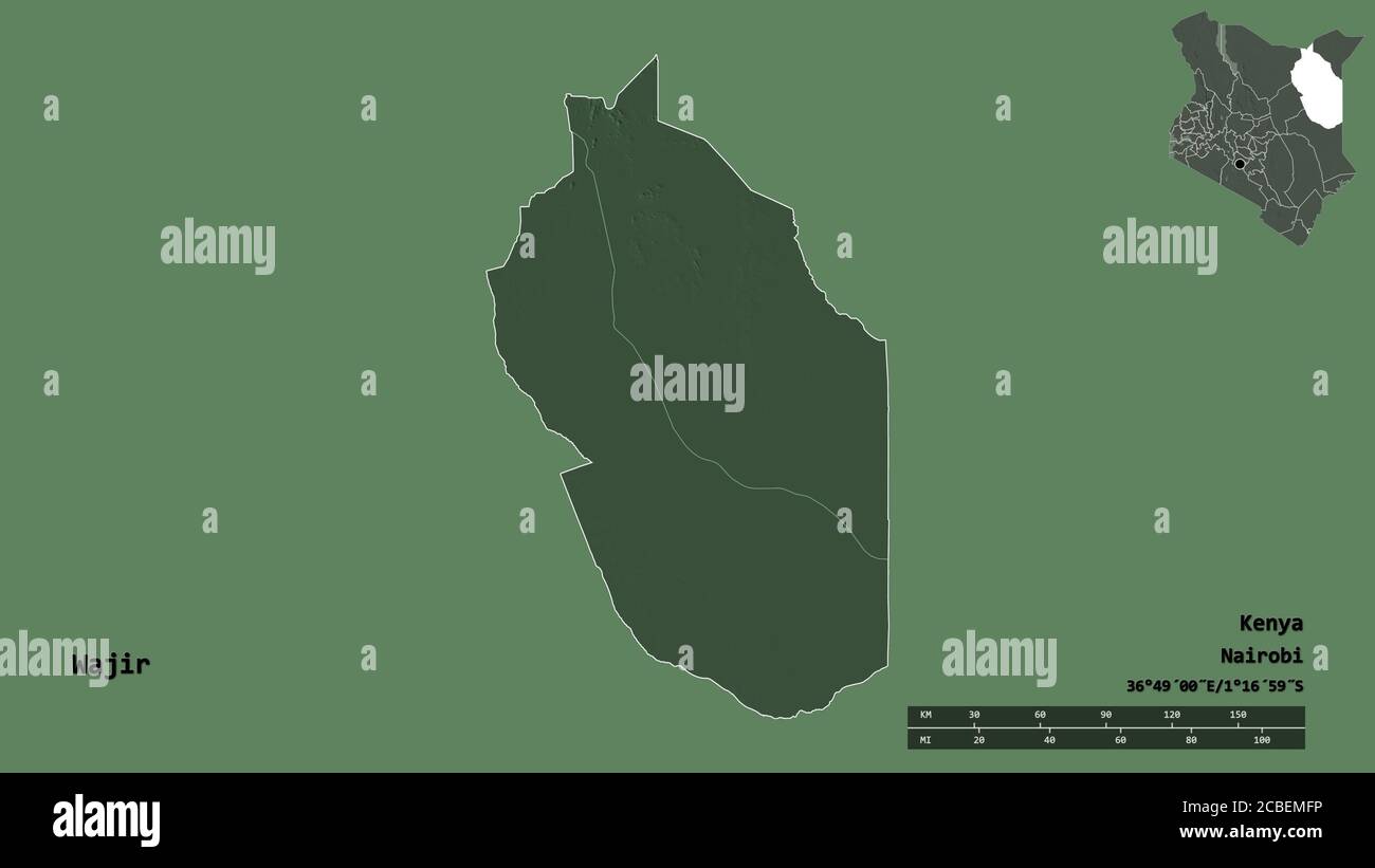 Shape of Wajir, county of Kenya, with its capital isolated on solid ...