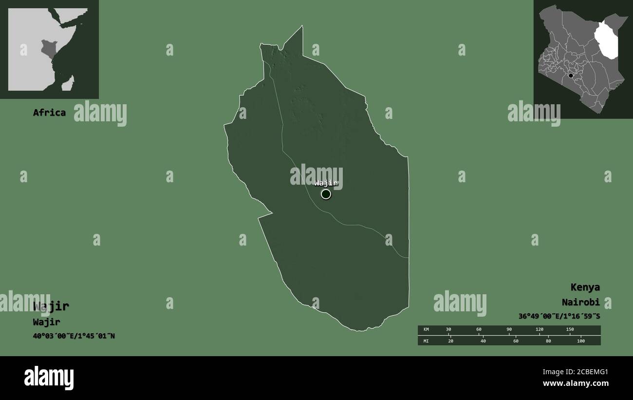 Shape of Wajir, county of Kenya, and its capital. Distance scale ...