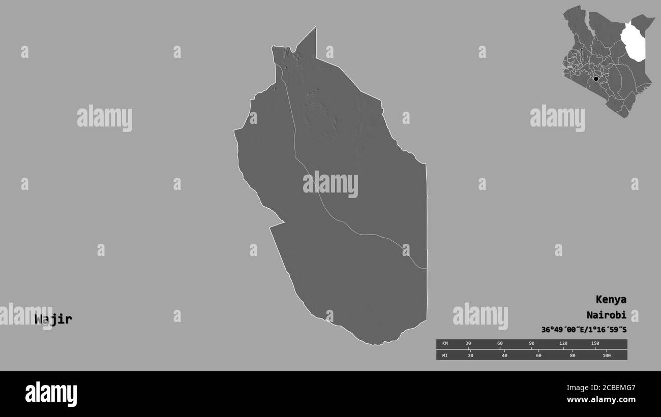 Shape of Wajir, county of Kenya, with its capital isolated on solid ...