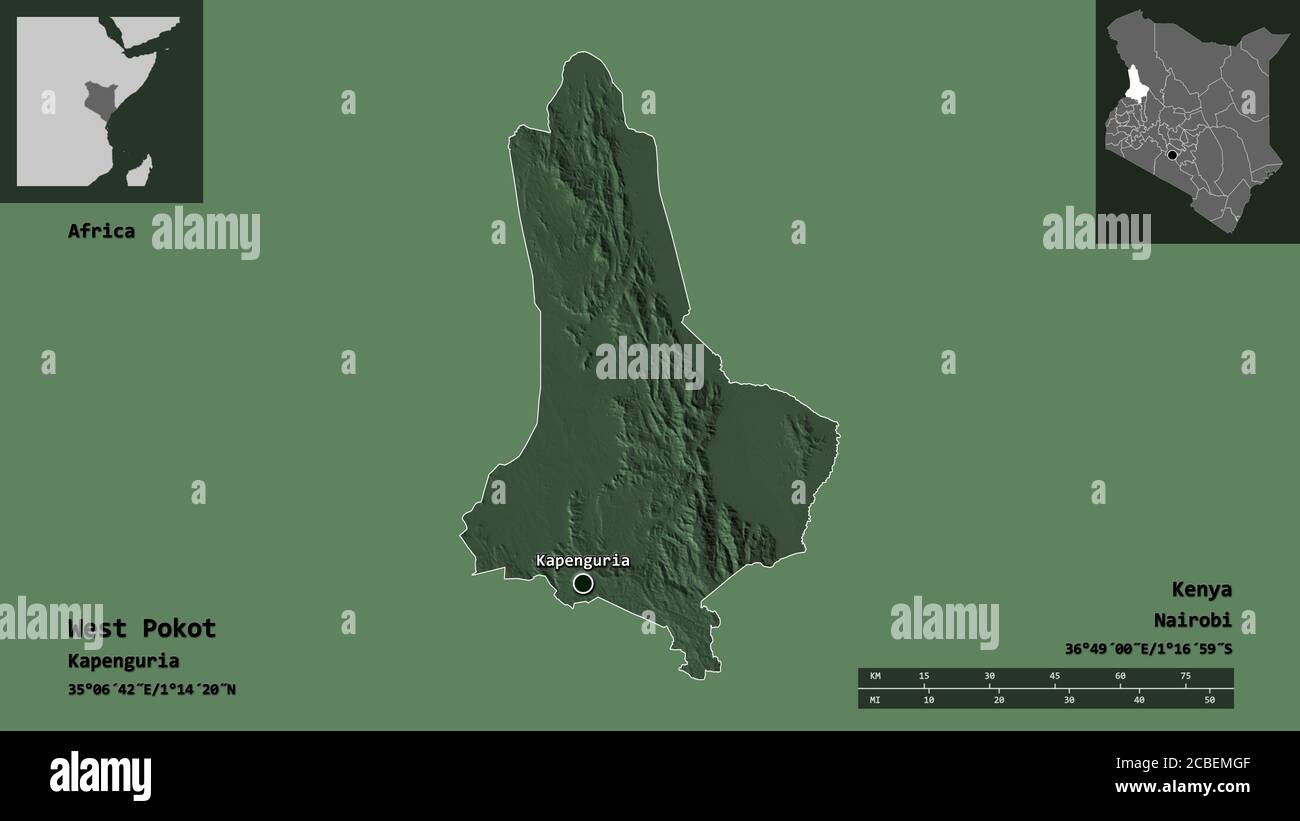 Shape of West Pokot, county of Kenya, and its capital. Distance scale ...