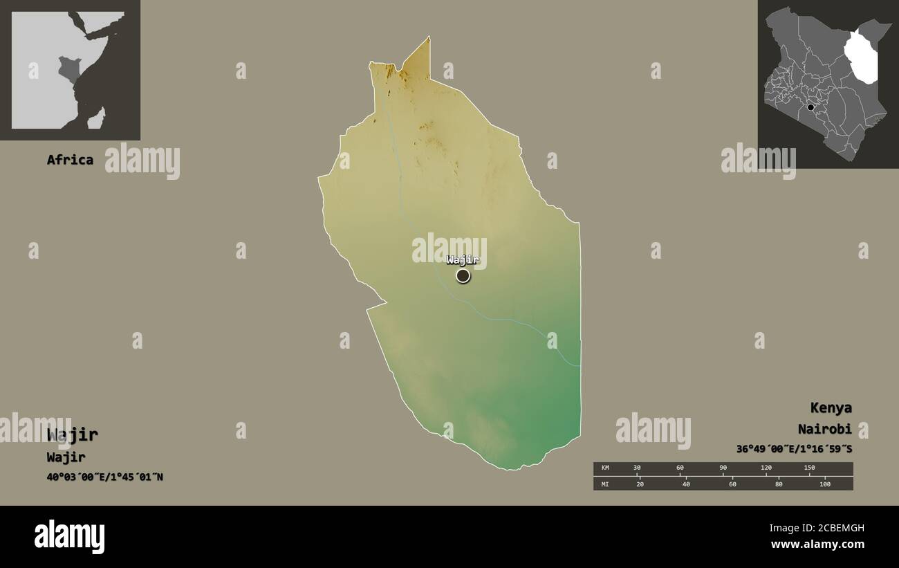 Shape of Wajir, county of Kenya, and its capital. Distance scale ...