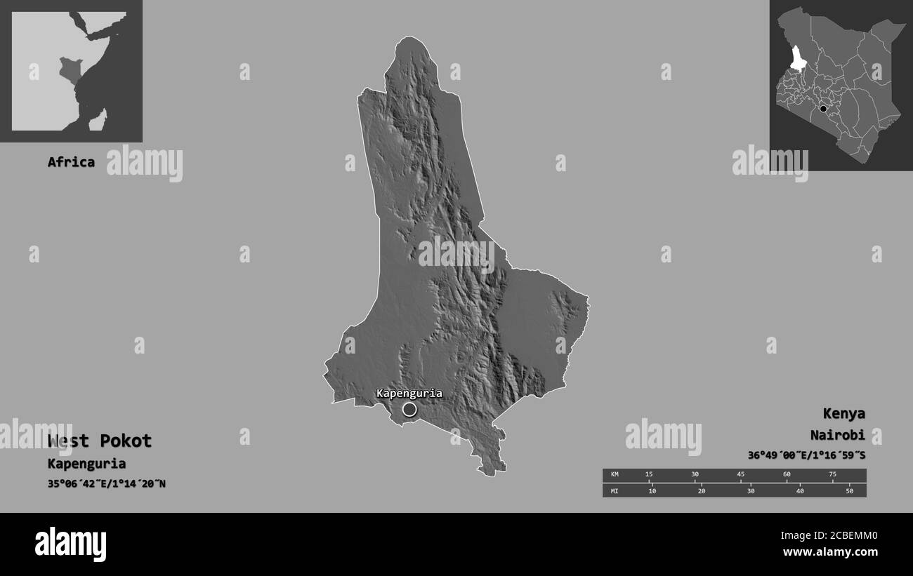 Shape of West Pokot, county of Kenya, and its capital. Distance scale ...