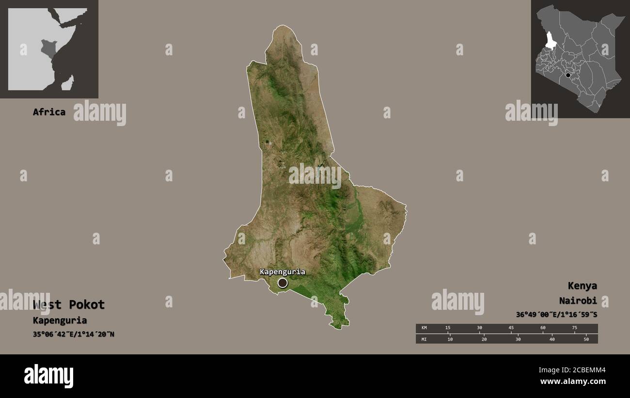 Shape of West Pokot, county of Kenya, and its capital. Distance scale ...