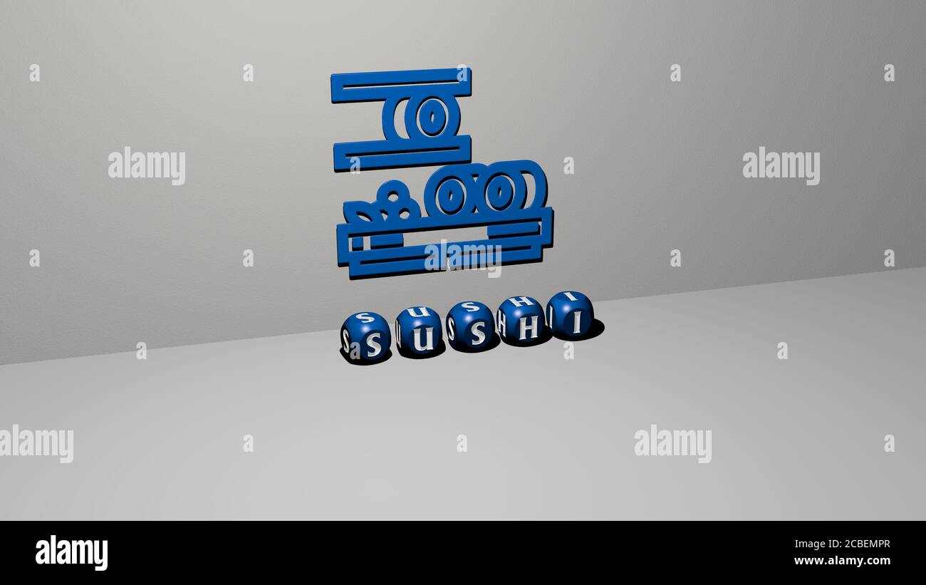 sushi 3D icon on the wall and text of cubic alphabets on the floor - 3D ...