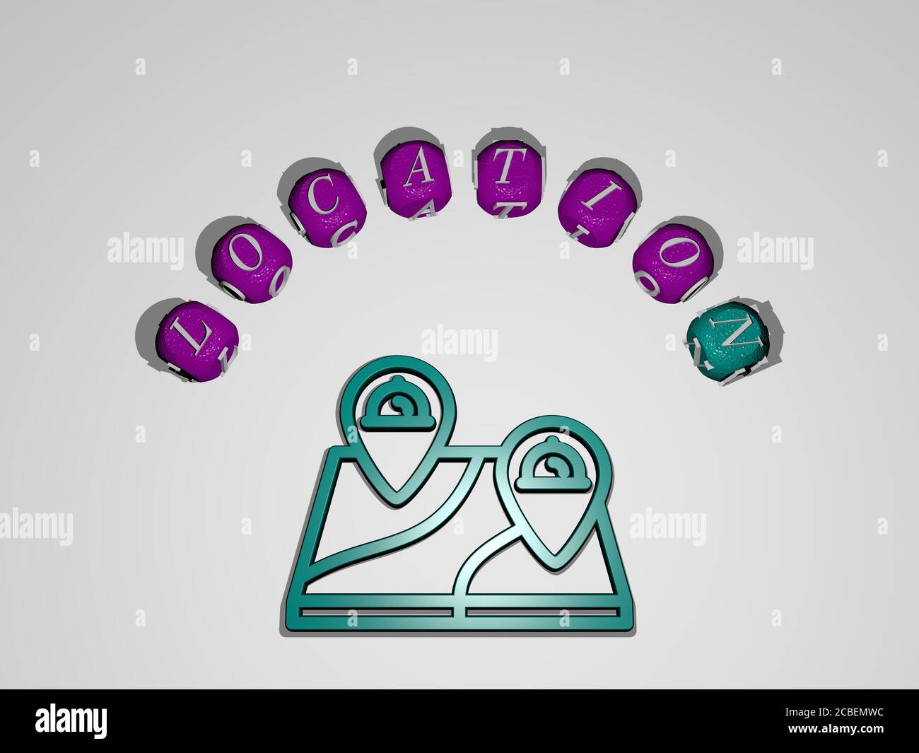 LOCATION icon surrounded by the text of individual letters - 3D ...