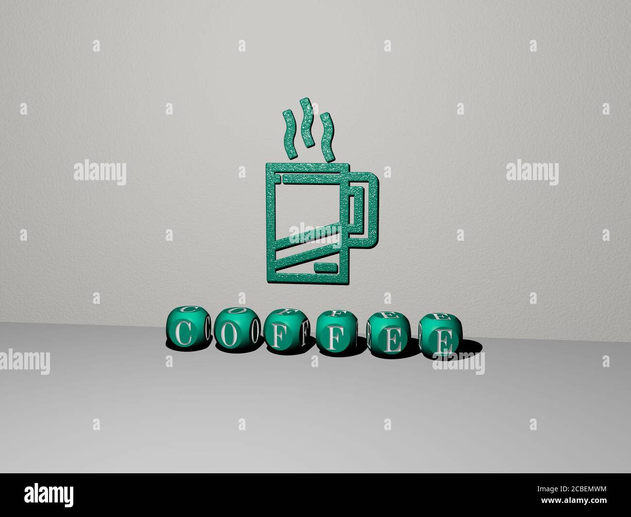 3D representation of coffee with icon on the wall and text arranged by ...