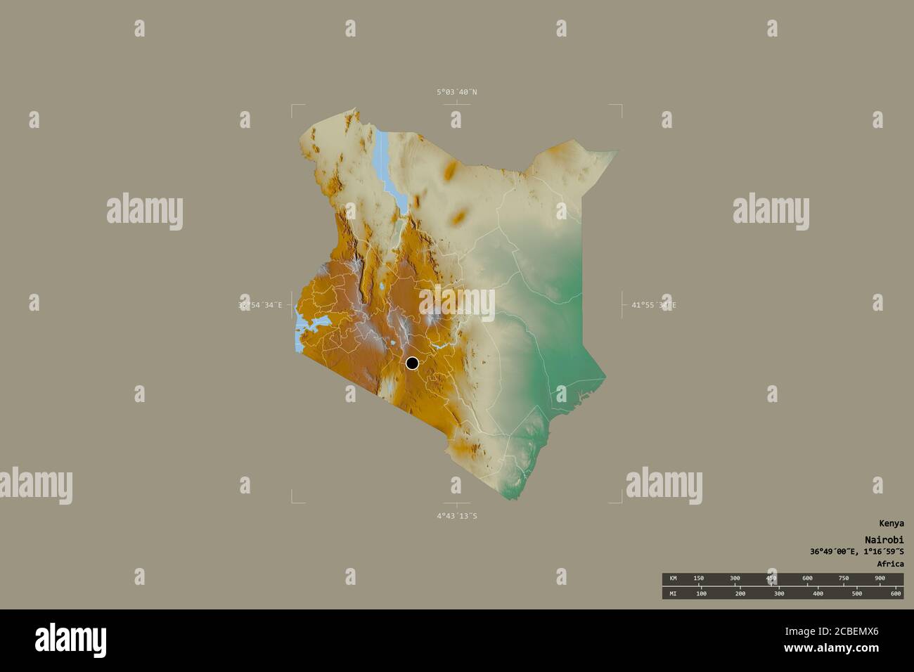 Area of Kenya isolated on a solid background in a georeferenced ...