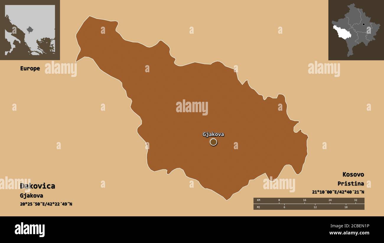 Shape of Đakovica, district of Kosovo, and its capital. Distance scale ...
