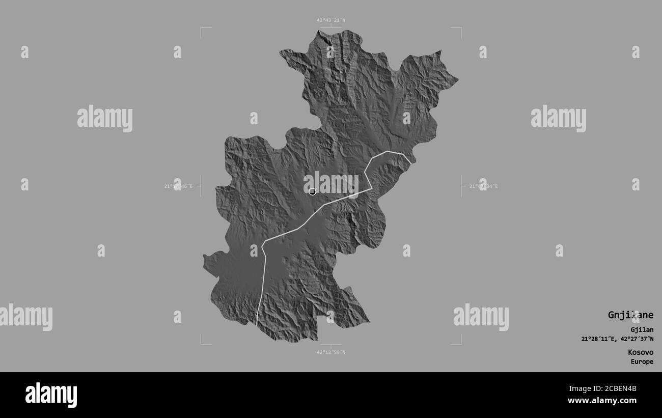 Area of Gnjilane, district of Kosovo, isolated on a solid background in ...
