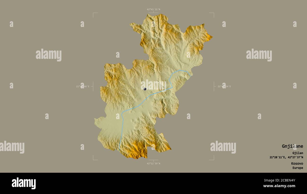 Area of Gnjilane, district of Kosovo, isolated on a solid background in ...