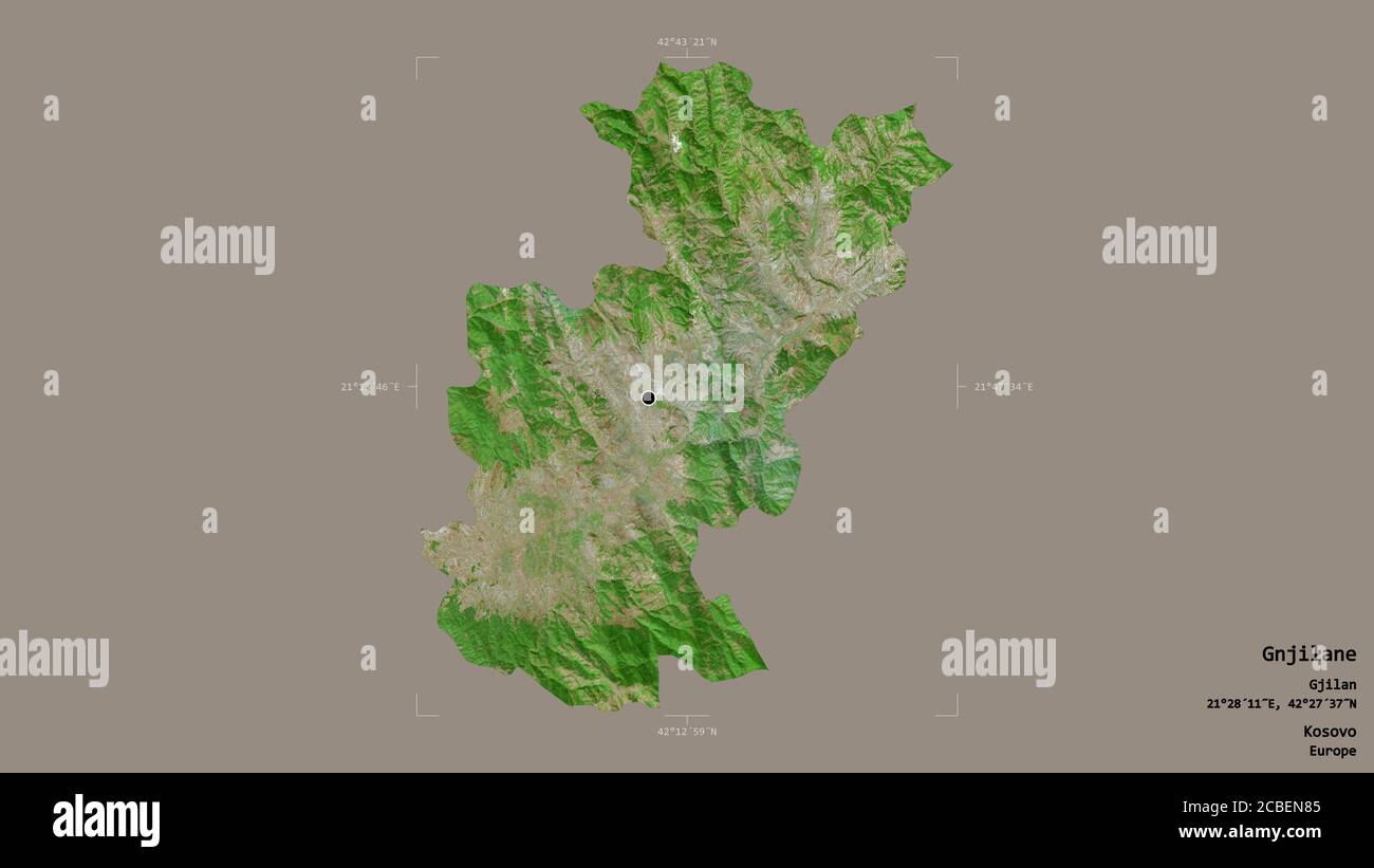 Area of Gnjilane, district of Kosovo, isolated on a solid background in ...