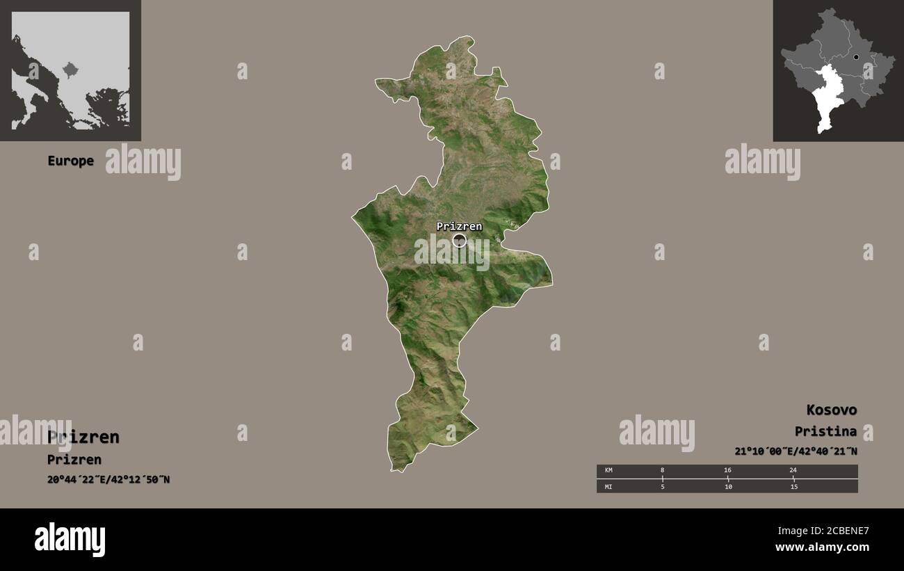 Shape of Prizren, district of Kosovo, and its capital. Distance scale ...