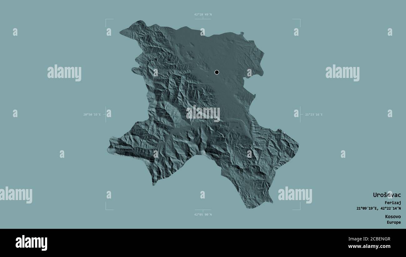 Area of Uroševac, district of Kosovo, isolated on a solid background in ...