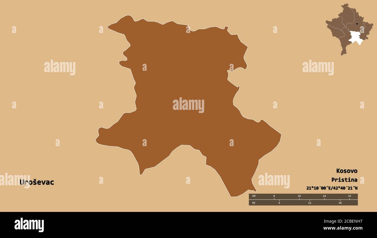 Shape of Uroševac, district of Kosovo, with its capital isolated on ...