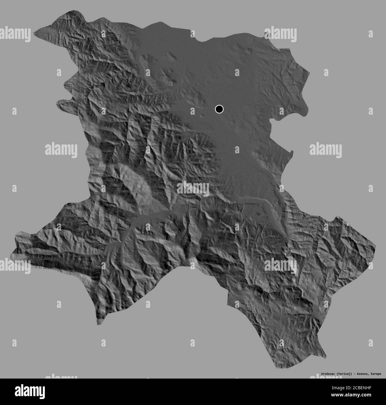 Shape of Uroševac, district of Kosovo, with its capital isolated on a ...