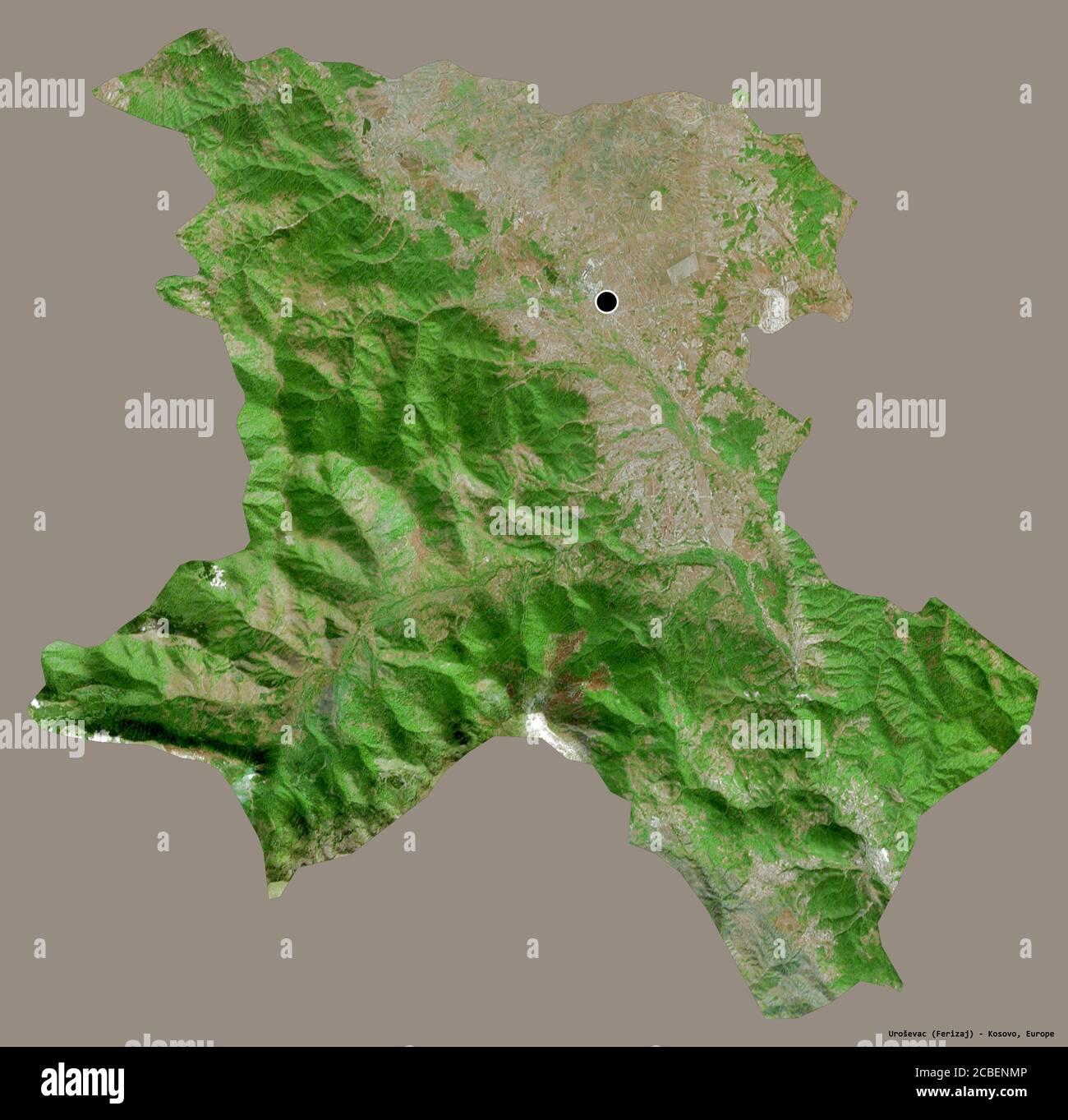 Shape of Uroševac, district of Kosovo, with its capital isolated on a ...