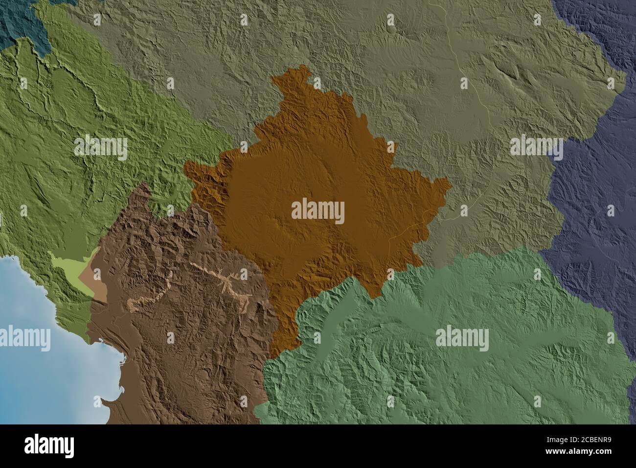 Extended area of Kosovo. Colored elevation map. 3D rendering Stock Photo - Alamy
