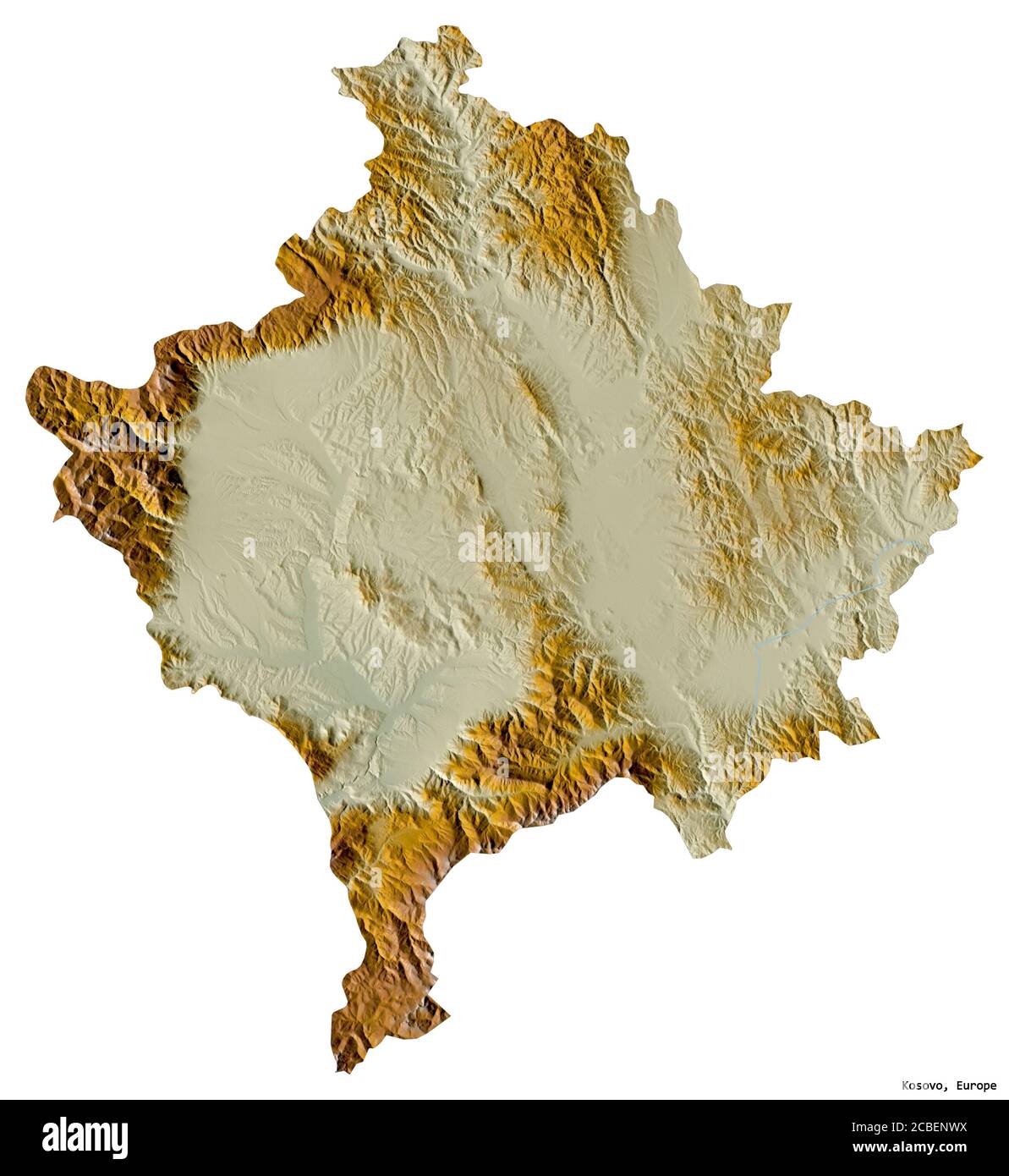 Shape of Kosovo with its capital isolated on white background. Topographic relief map. 3D ...
