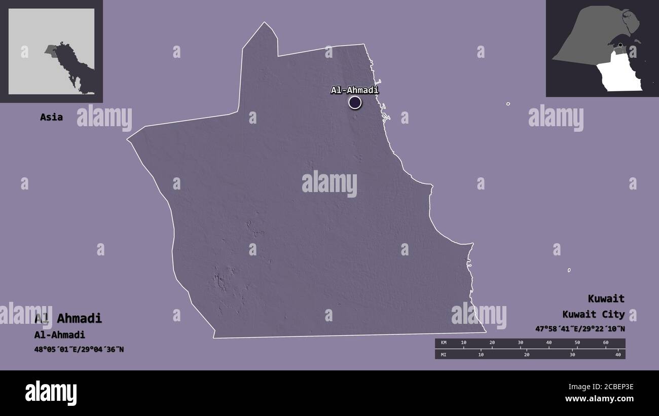 Shape of Al Ahmadi, province of Kuwait, and its capital. Distance scale ...