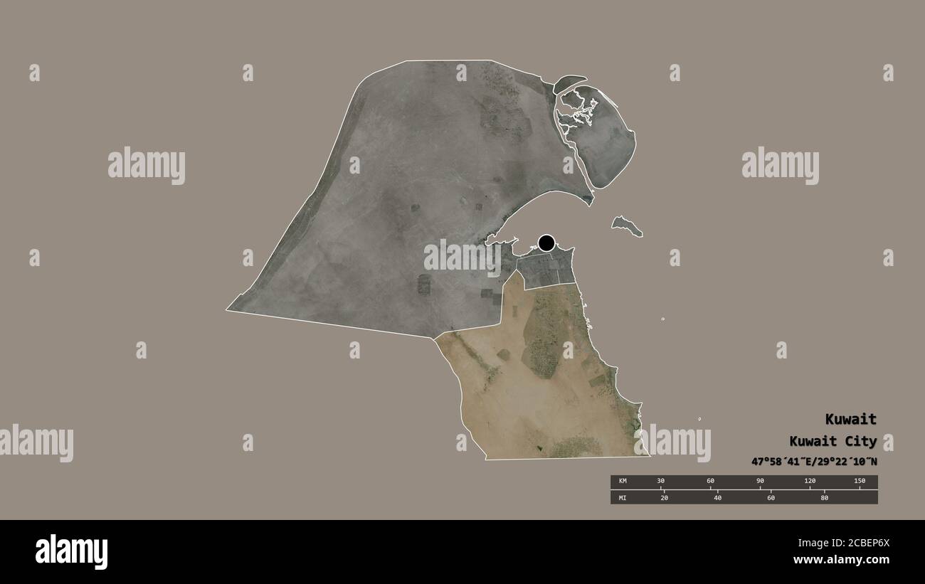 Desaturated shape of Kuwait with its capital, main regional division ...