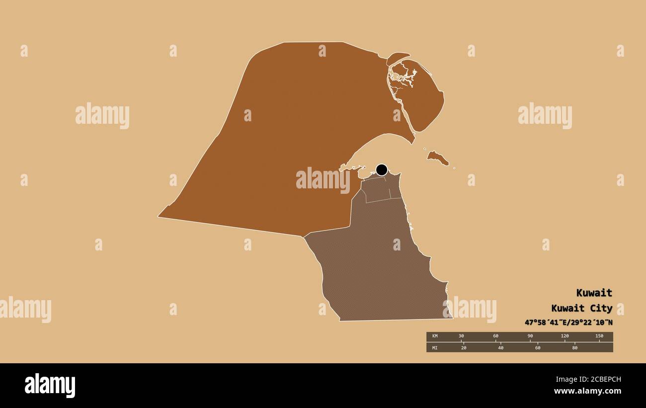 Desaturated shape of Kuwait with its capital, main regional division ...