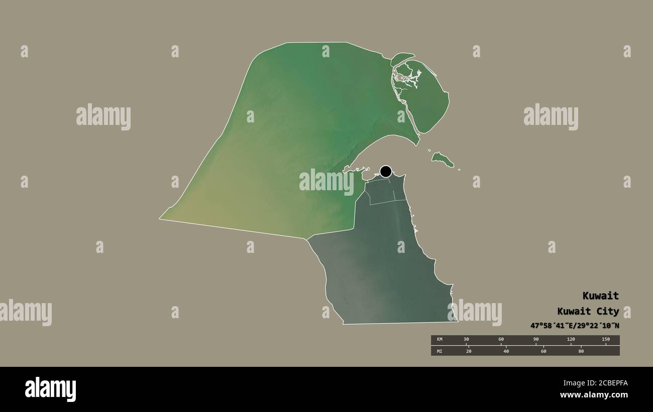 Desaturated shape of Kuwait with its capital, main regional division ...