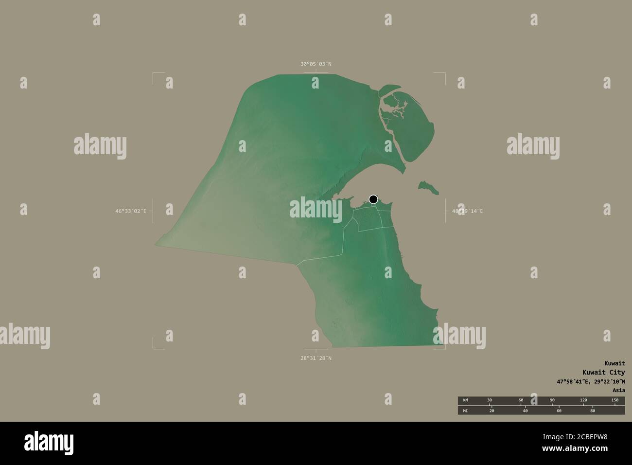 Area of Kuwait isolated on a solid background in a georeferenced ...