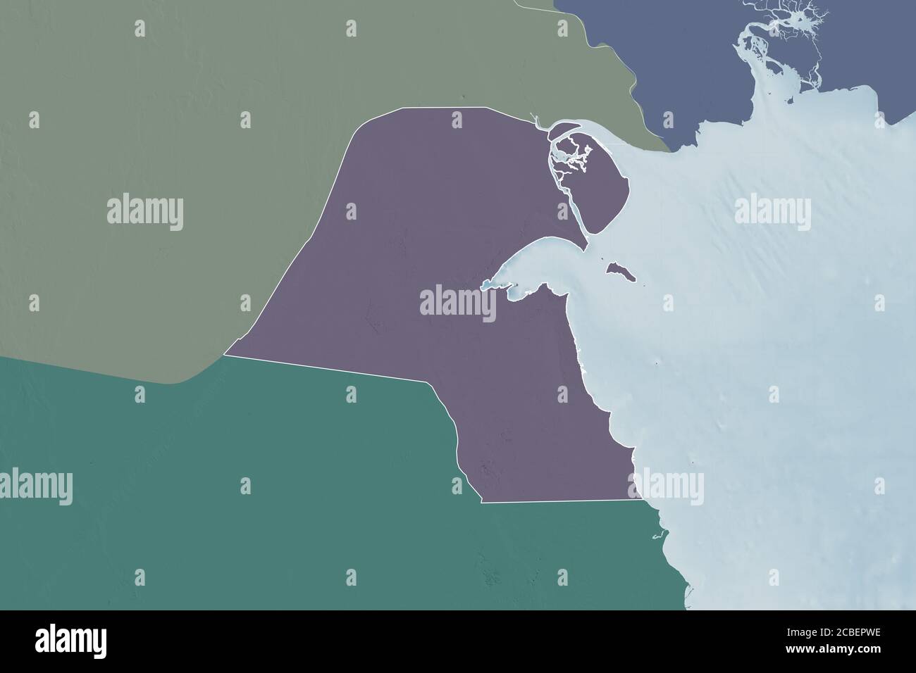 Extended area of outlined Kuwait. Colored elevation map. 3D rendering ...