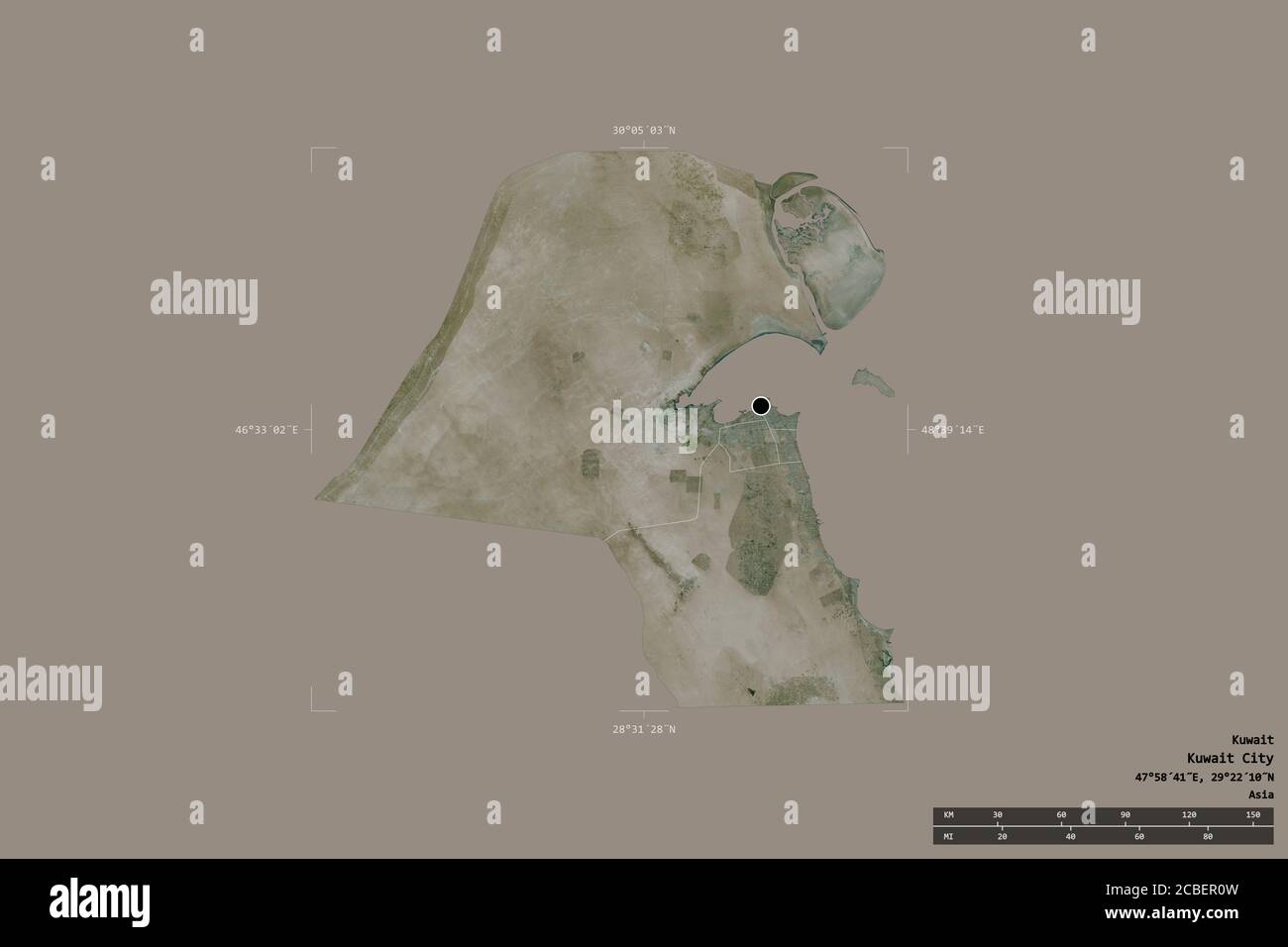 Area of Kuwait isolated on a solid background in a georeferenced ...