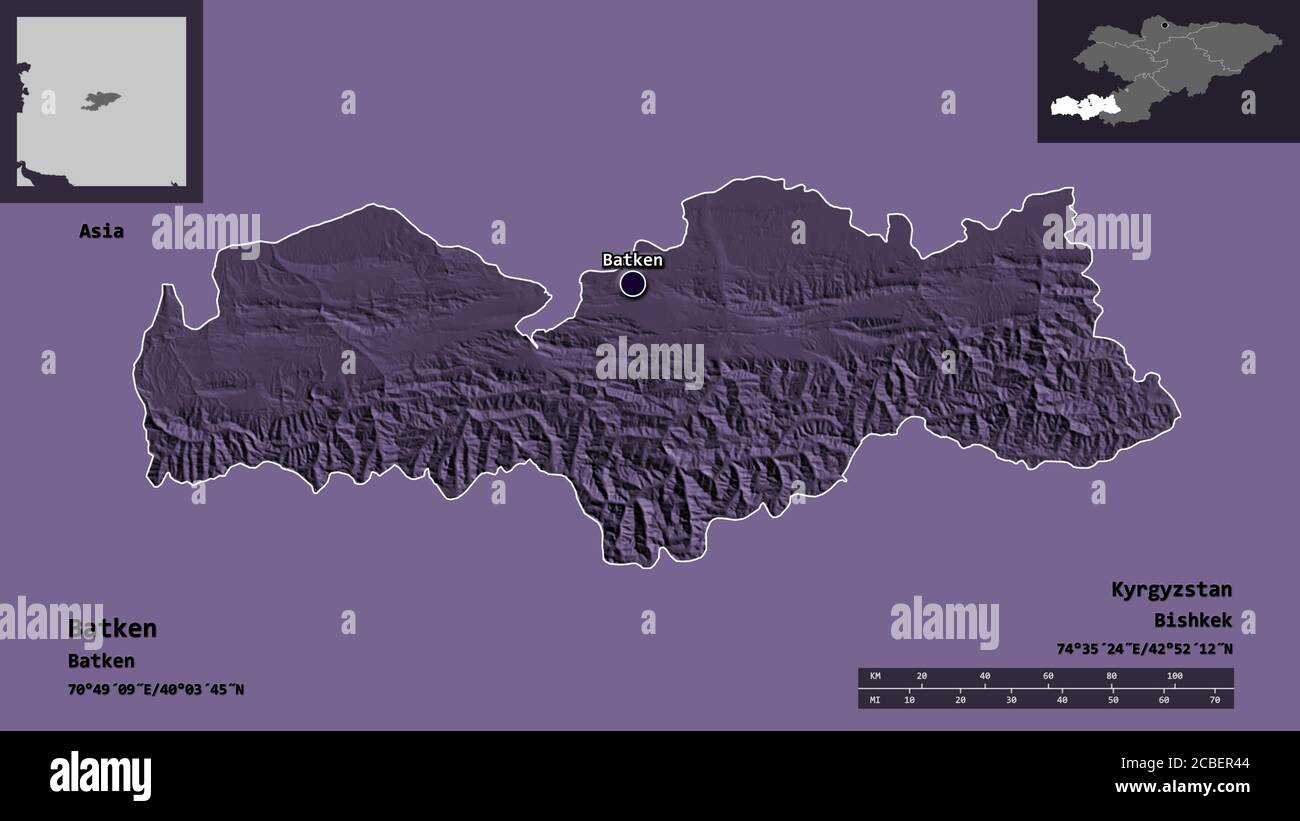 Shape of Batken, province of Kyrgyzstan, and its capital. Distance ...