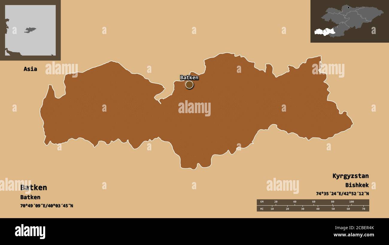 Shape of Batken, province of Kyrgyzstan, and its capital. Distance ...