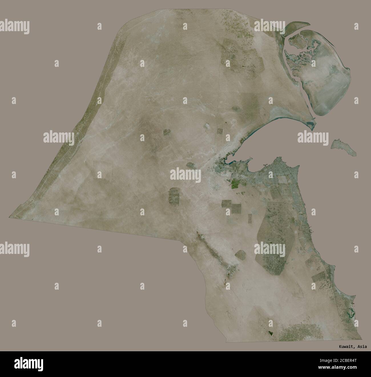 Shape of Kuwait with its capital isolated on a solid color background ...