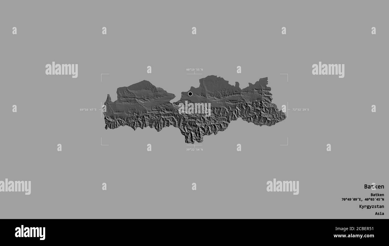 Area of Batken, province of Kyrgyzstan, isolated on a solid background ...