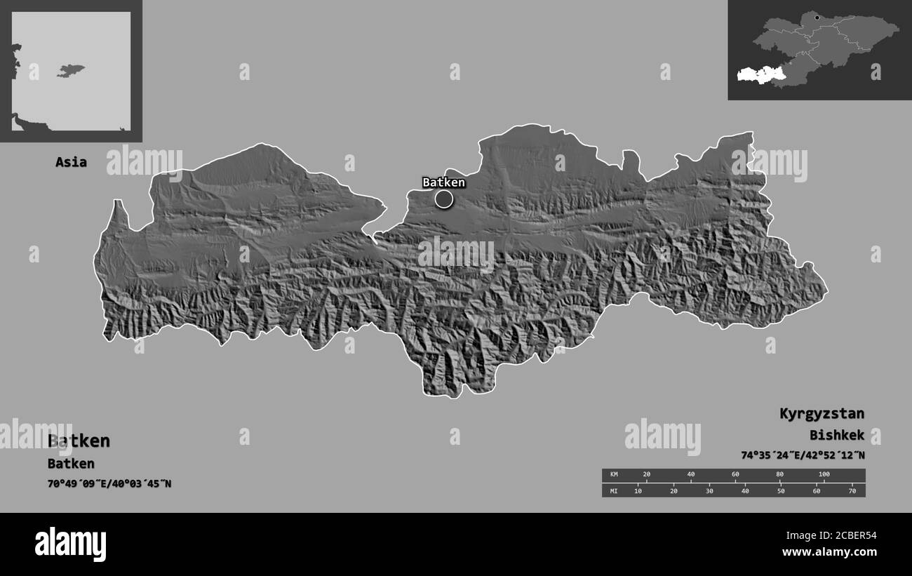 Shape of Batken, province of Kyrgyzstan, and its capital. Distance ...