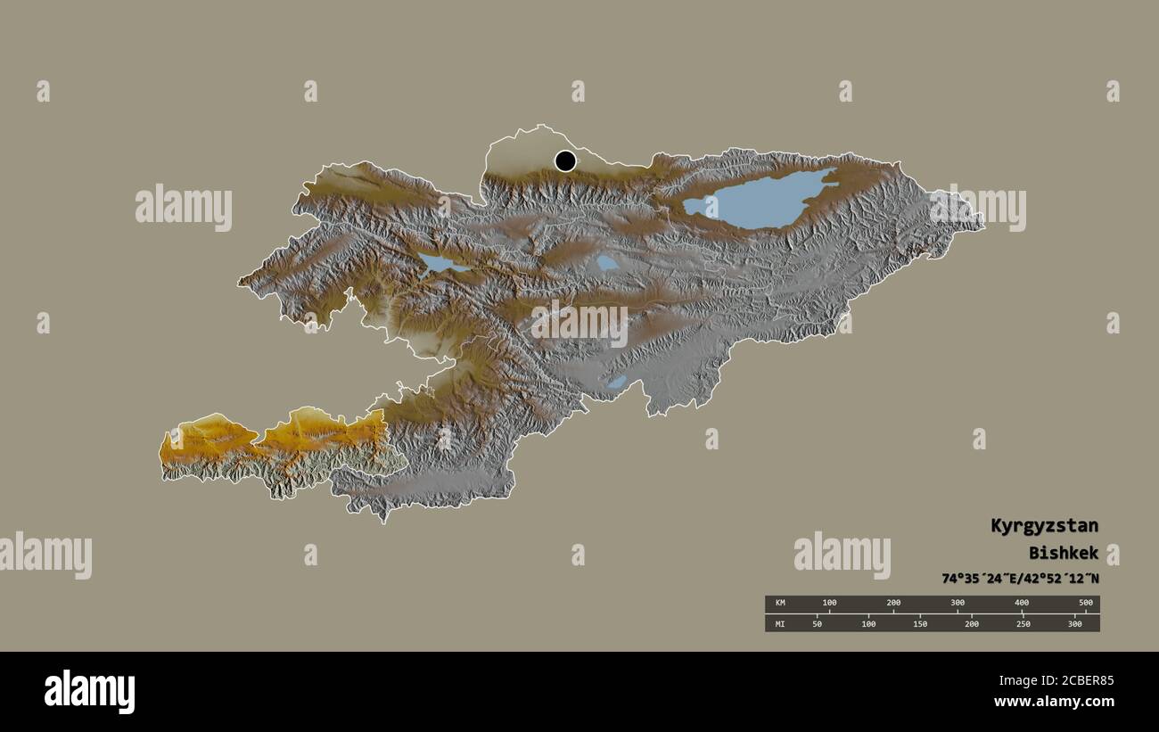 Desaturated shape of Kyrgyzstan with its capital, main regional ...