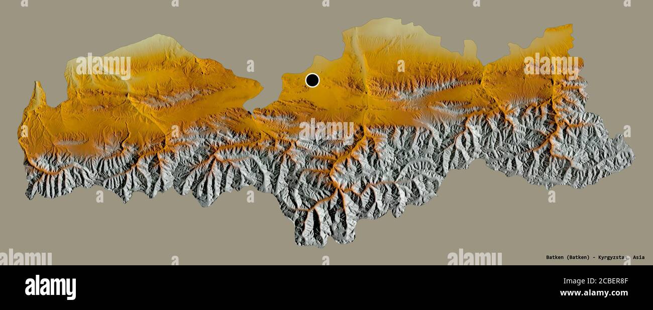 Shape of Batken, province of Kyrgyzstan, with its capital isolated on a ...