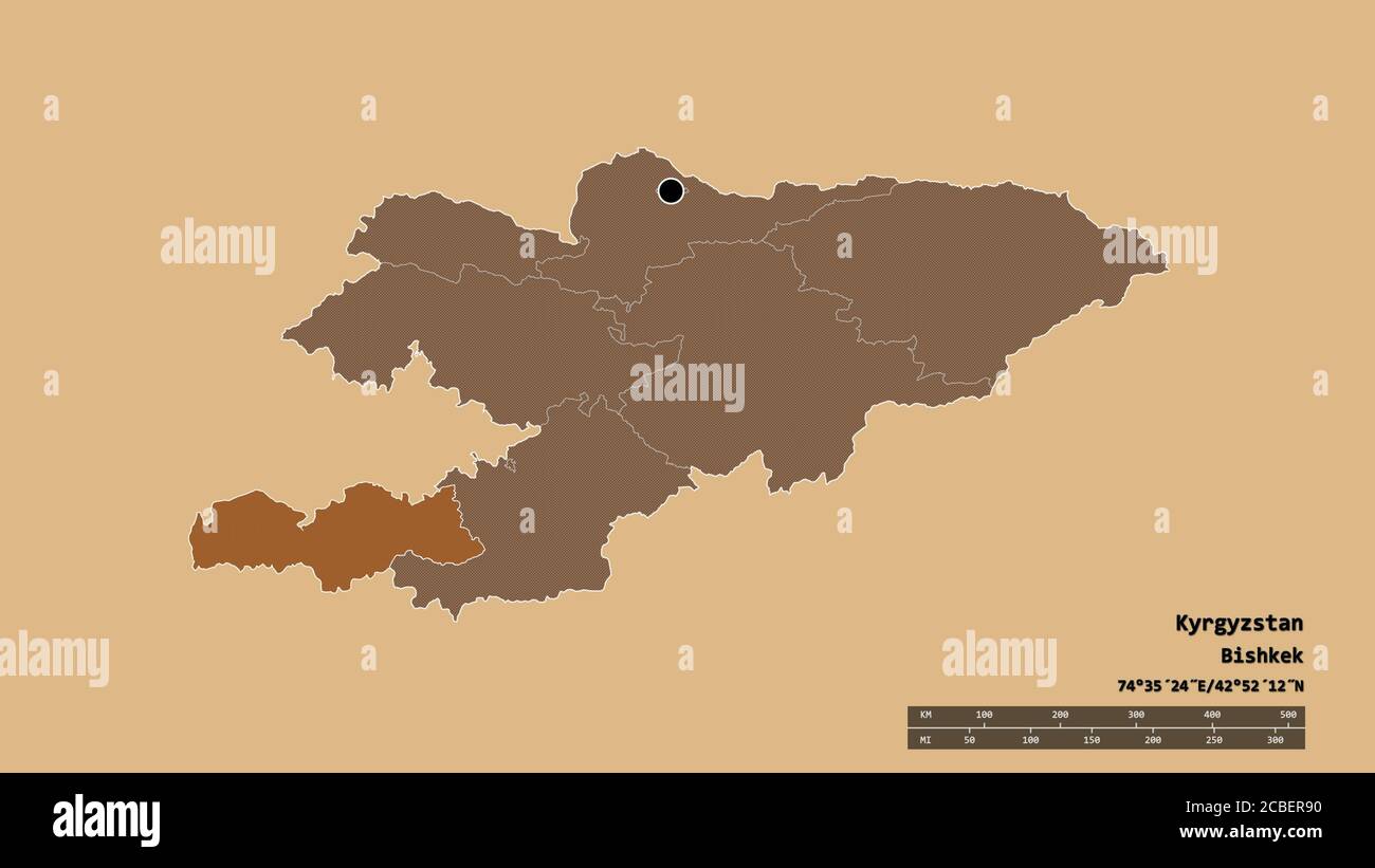 Desaturated shape of Kyrgyzstan with its capital, main regional ...