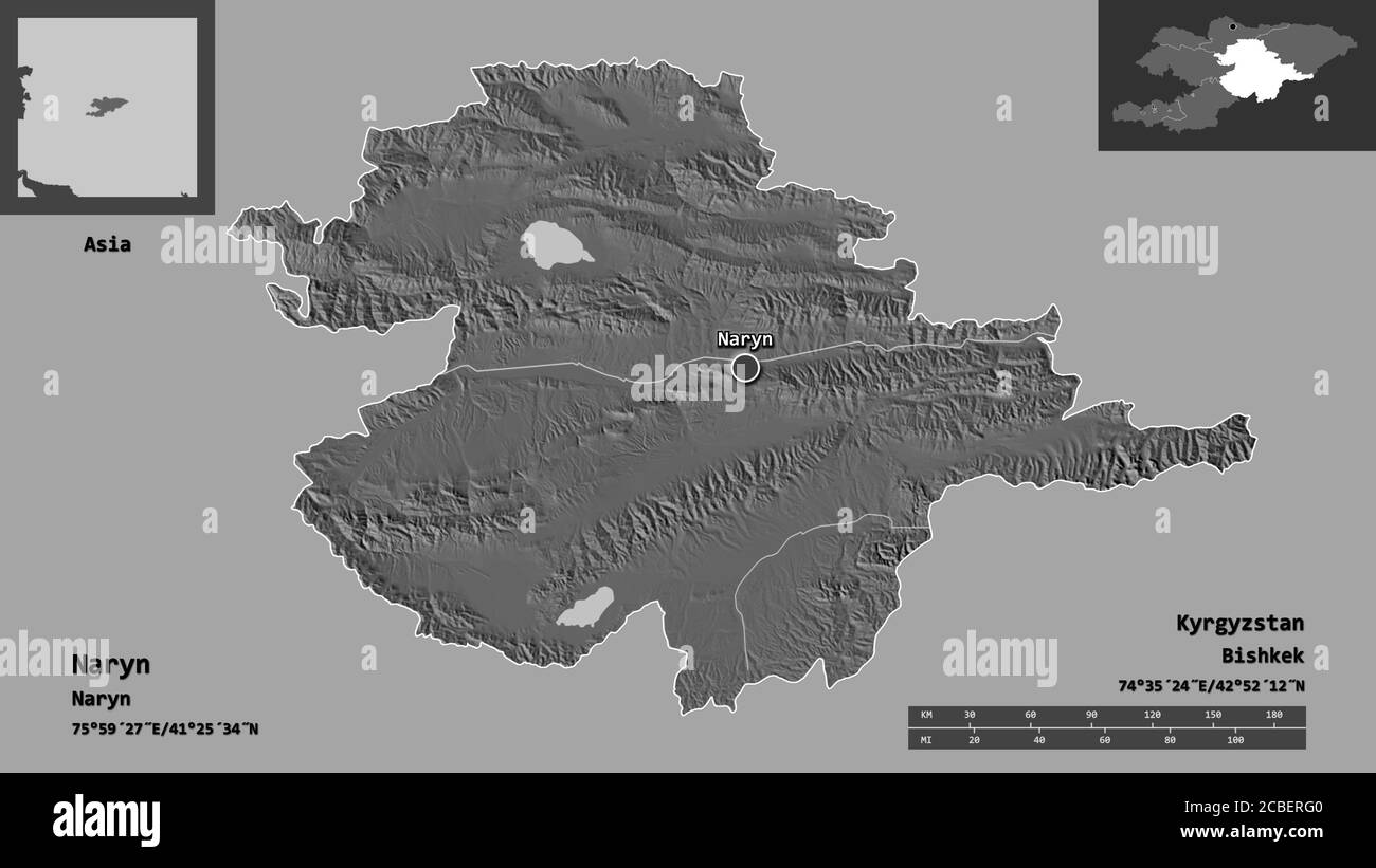 Shape of Naryn, province of Kyrgyzstan, and its capital. Distance scale ...