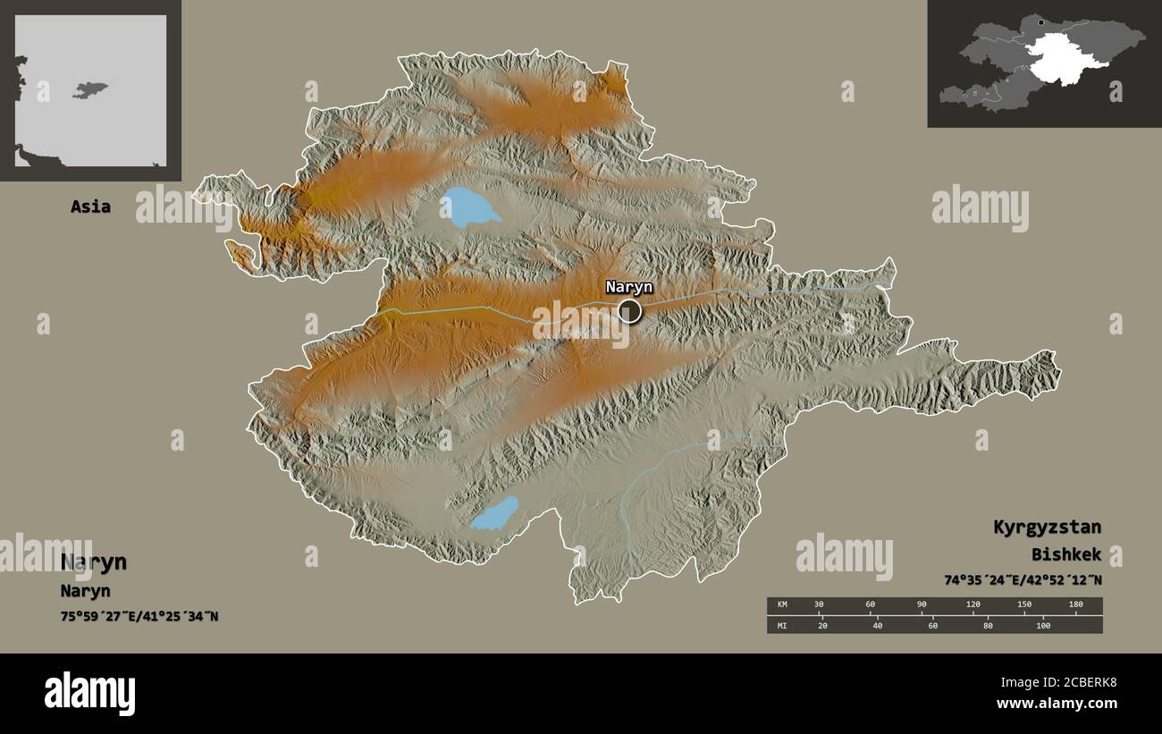 Shape of Naryn, province of Kyrgyzstan, and its capital. Distance scale ...