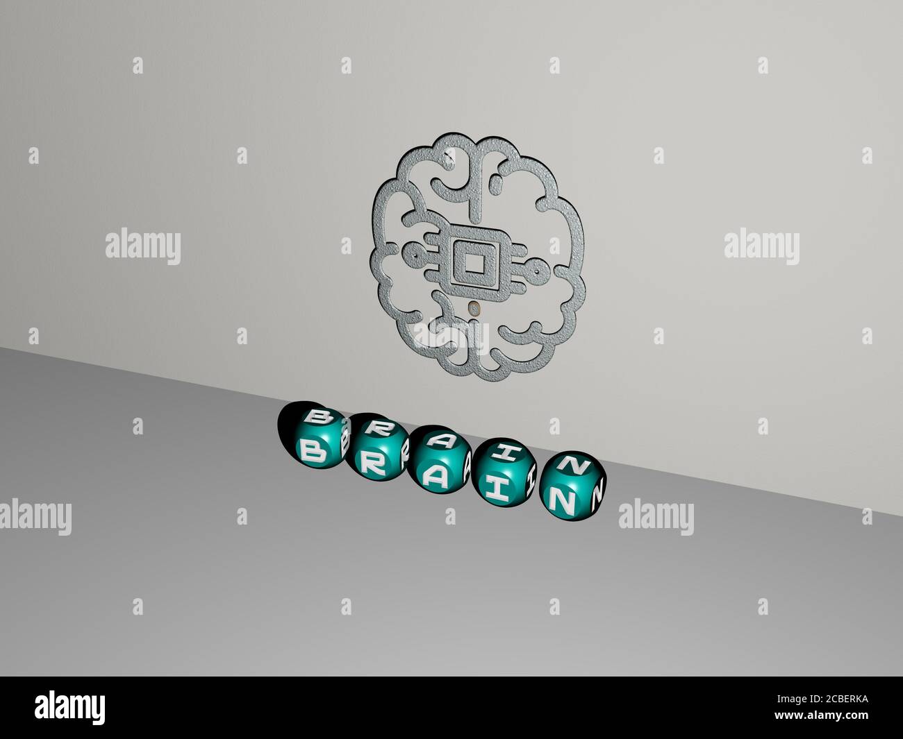 3D illustration of brain graphics and text made by metallic dice ...