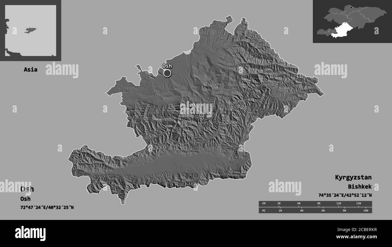 Shape of Osh, province of Kyrgyzstan, and its capital. Distance scale ...