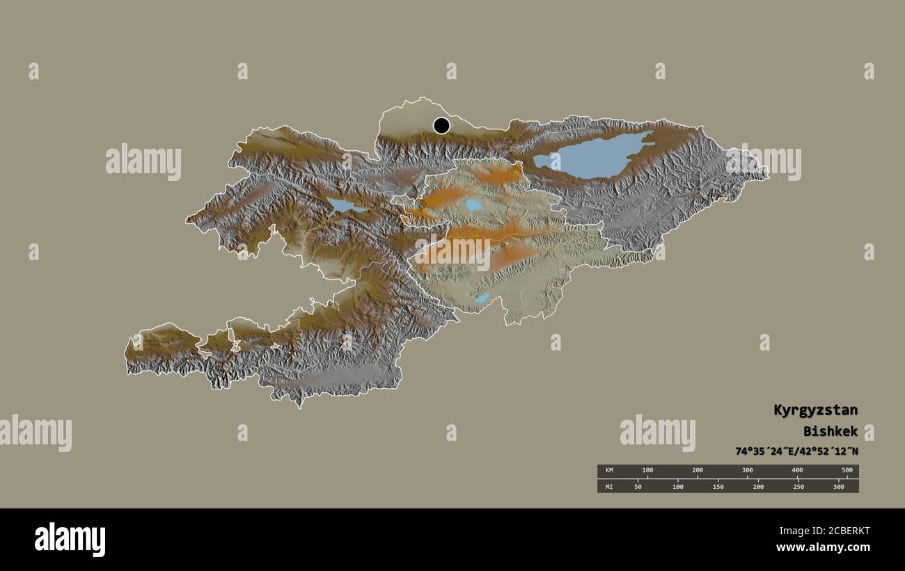 Desaturated shape of Kyrgyzstan with its capital, main regional ...