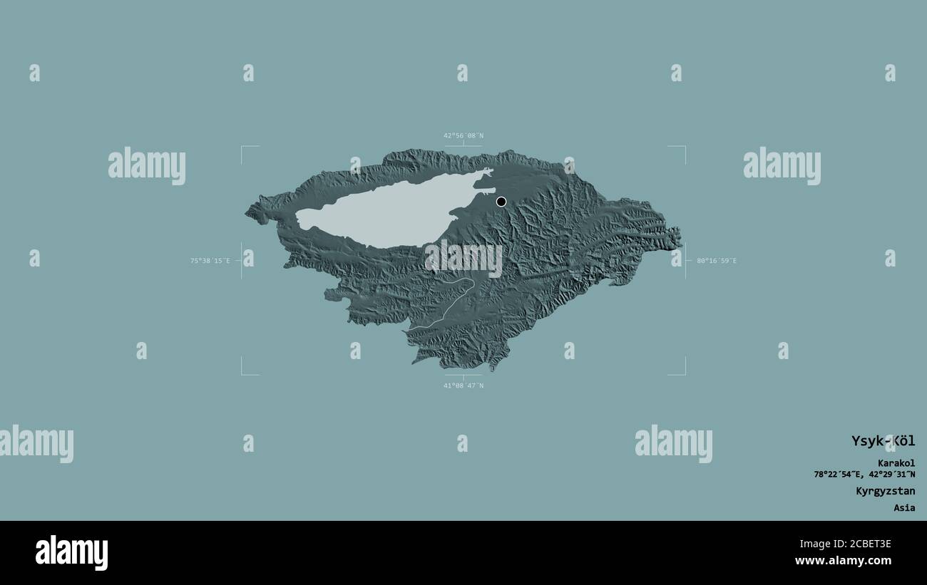 Area of Ysyk-Köl, province of Kyrgyzstan, isolated on a solid ...