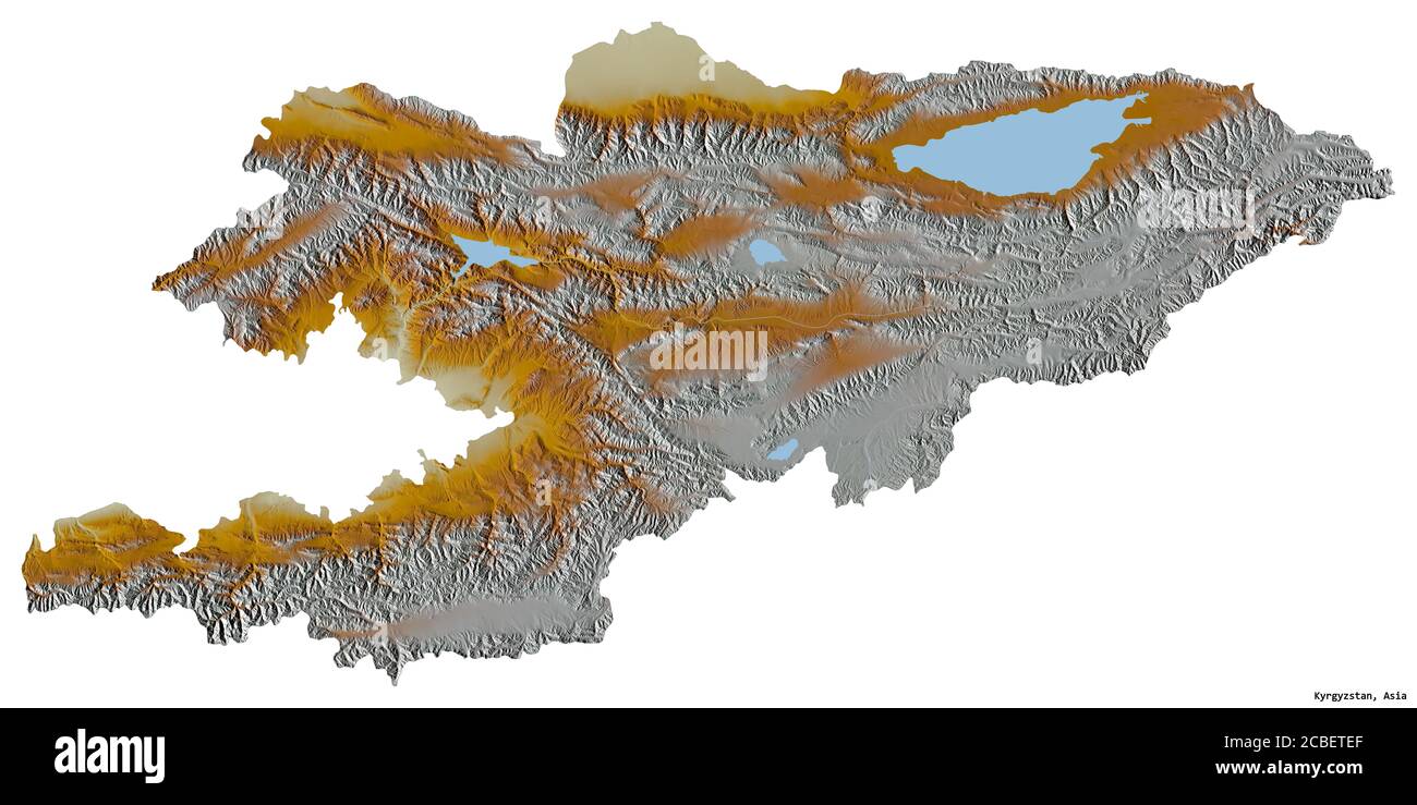 Shape of Kyrgyzstan with its capital isolated on white background. Topographic relief map. 3D ...
