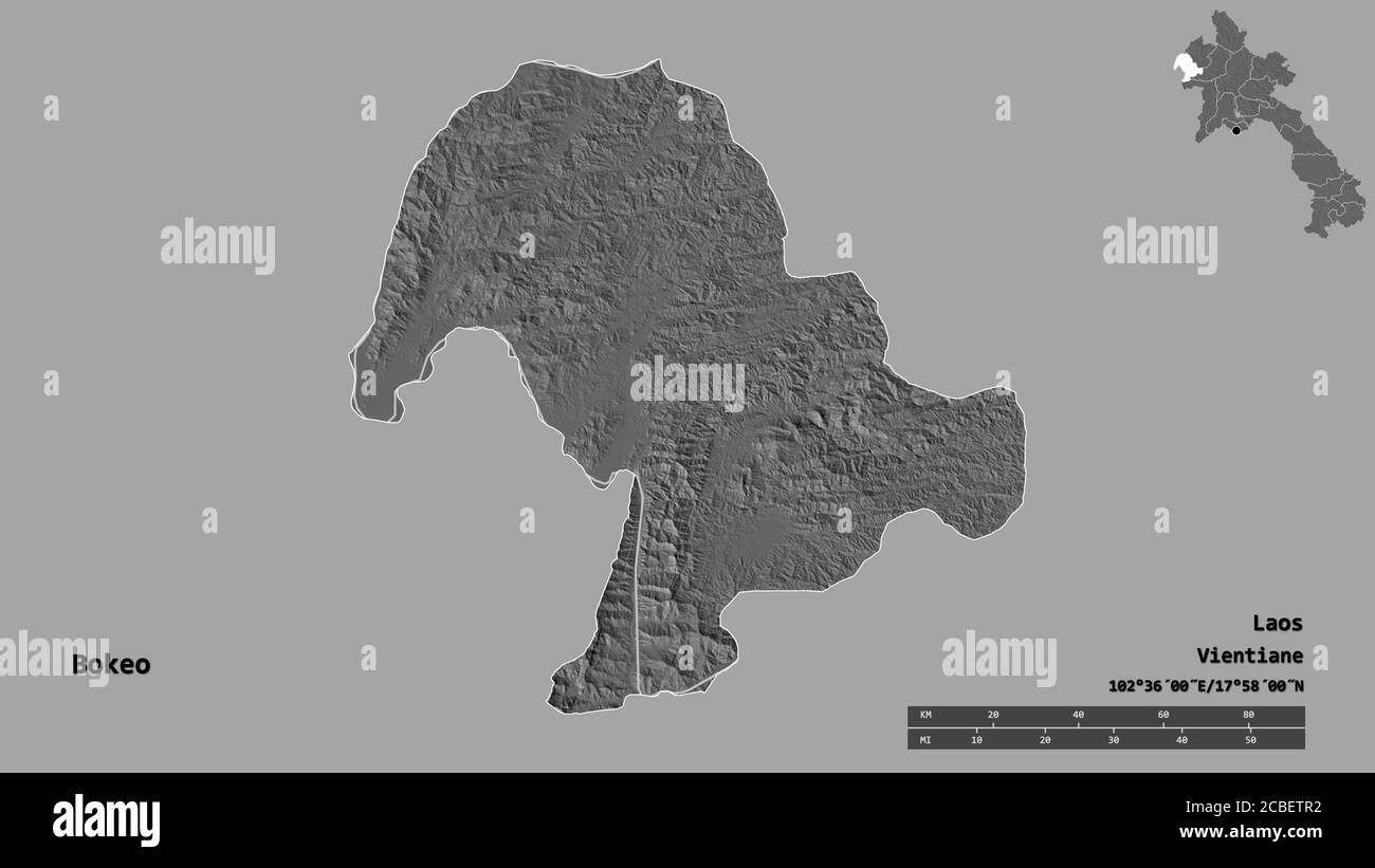 Shape of Bokeo, province of Laos, with its capital isolated on solid ...