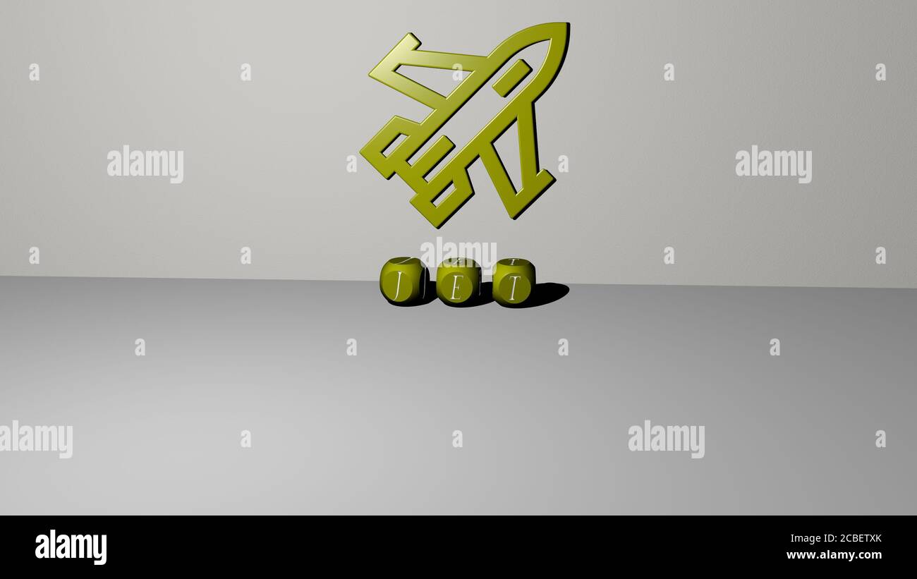jet 3D icon on the wall and text of cubic alphabets on the floor - 3D ...